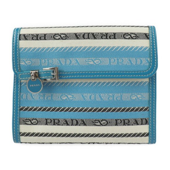Prada | Bags | Prada Trifold Wallet M170 Canvas Leather Blue Black White Logo Charm Belt Sty ...